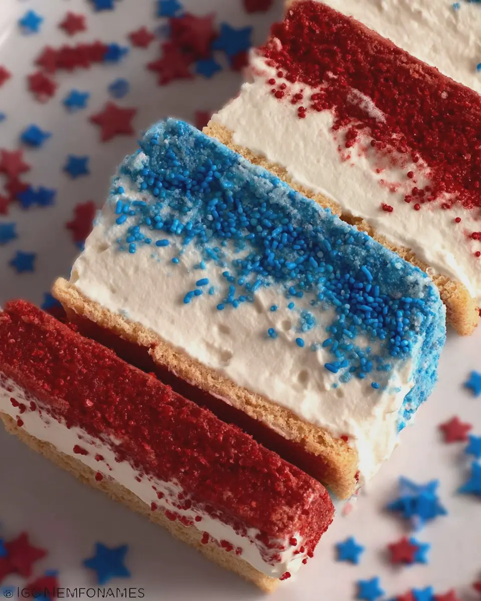 Patriotic Red White and Blue Cool Whip Icebox Sandwiches